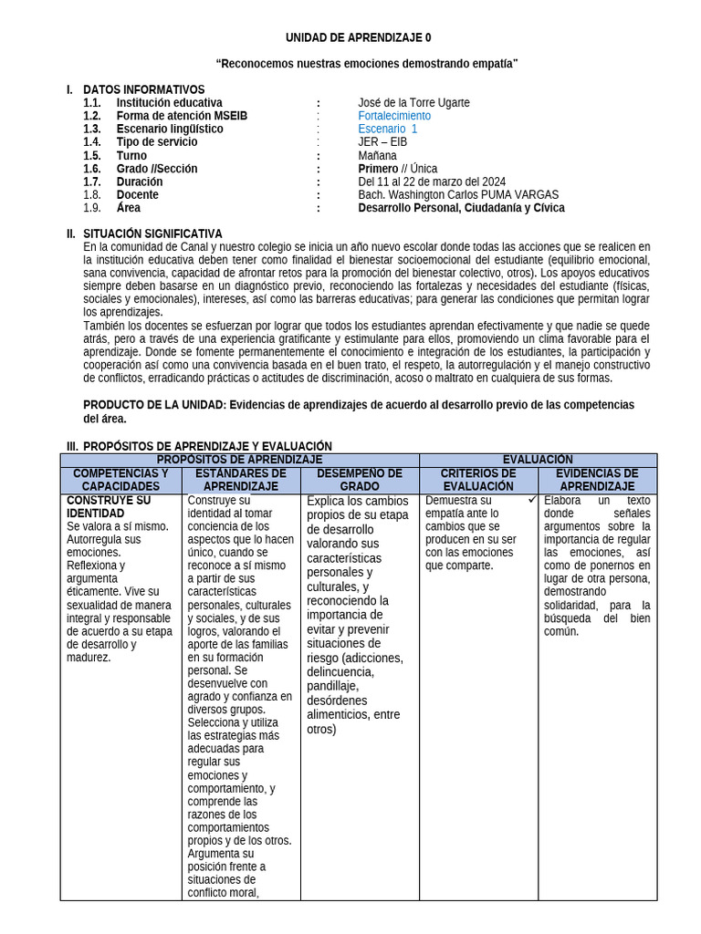 0 UNIDAD DE EVALUACION DIAGNOSTICA DPCC - 1° 2024 | PDF | Aprendizaje | Las emociones