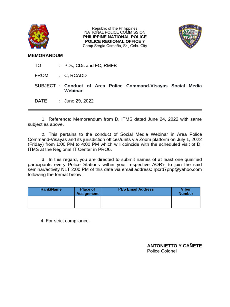 Conduct of Area Police Command-Visayas Social Media Webinar | PDF