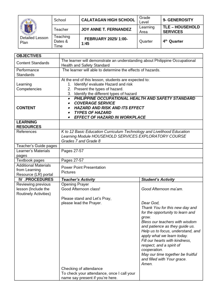 Occupational Safety Lesson Plan | PDF | Hazards | Occupational Safety ...