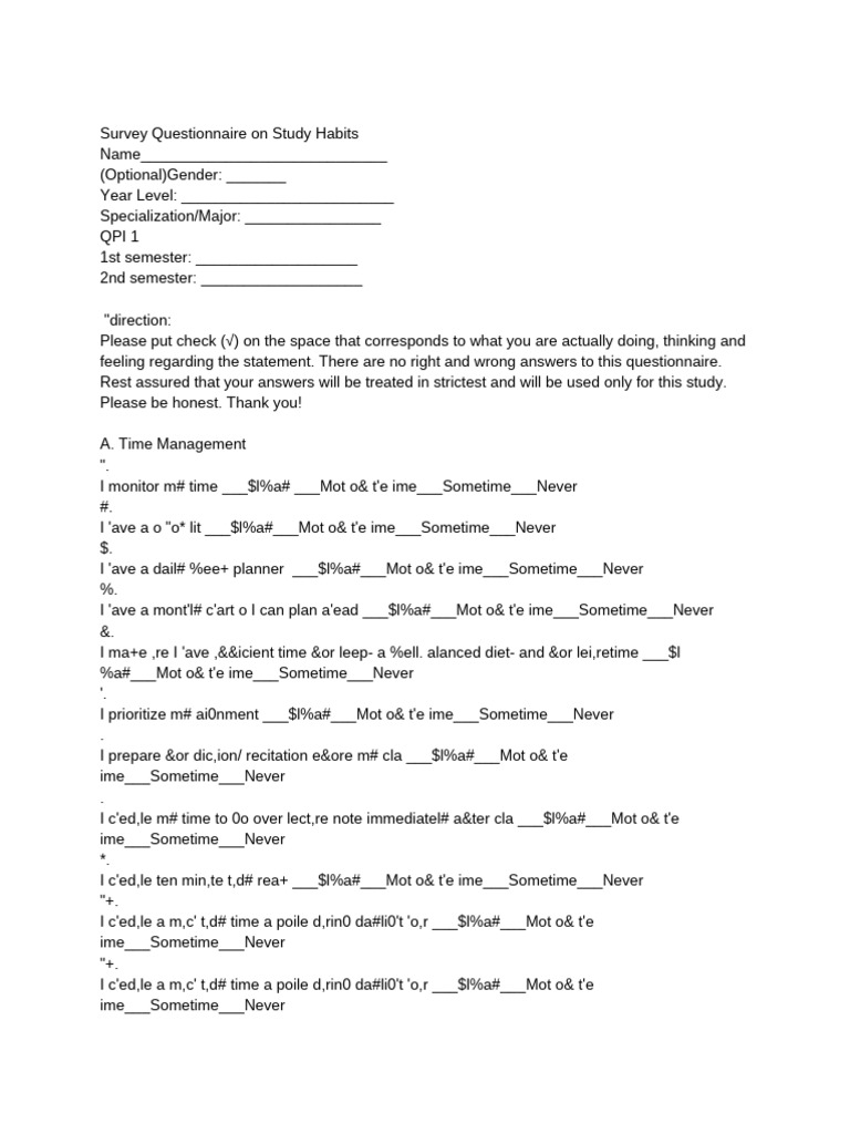 Survey Questionnaire On Study Habits | PDF