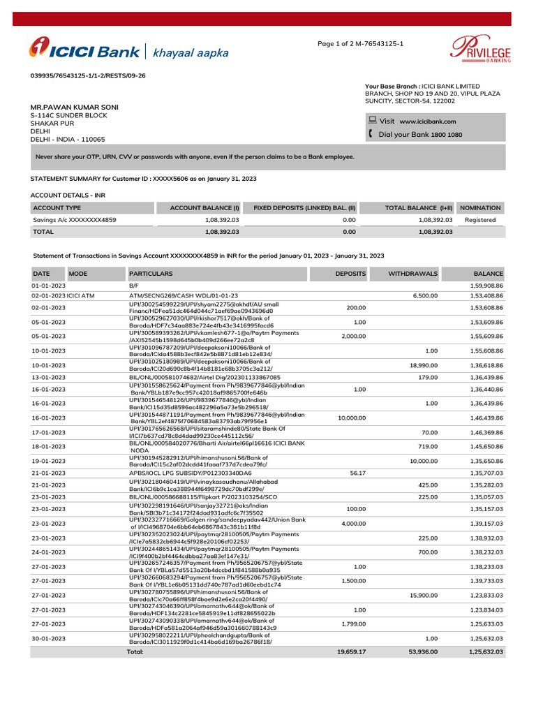 ICICI Bank Savings Account Statement | PDF | Banks | Insurance