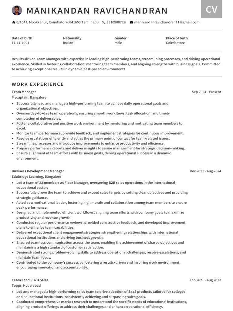 CV Manikandan Ravichandran - 2025 | PDF | Sales | Goal