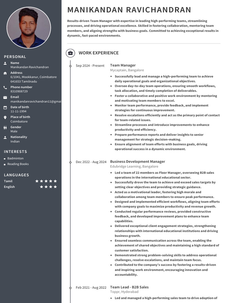 CV Manikandan Ravichandran #1 | PDF | Sales | Goal