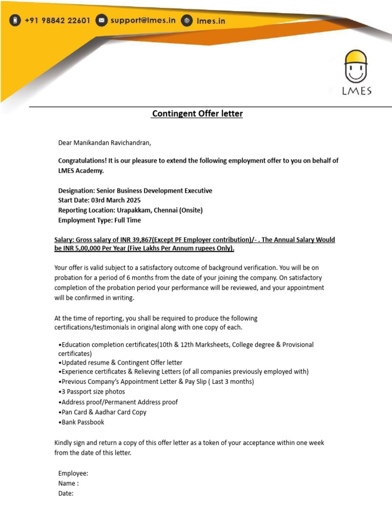 Contingent Offer Letter - Manikandan Ravichandran.docx | PDF