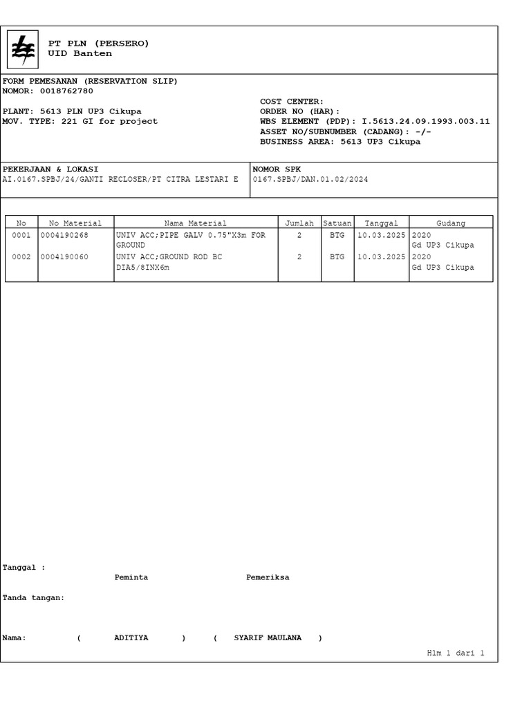 Formulir Pemesanan Material PLN Cikupa | PDF