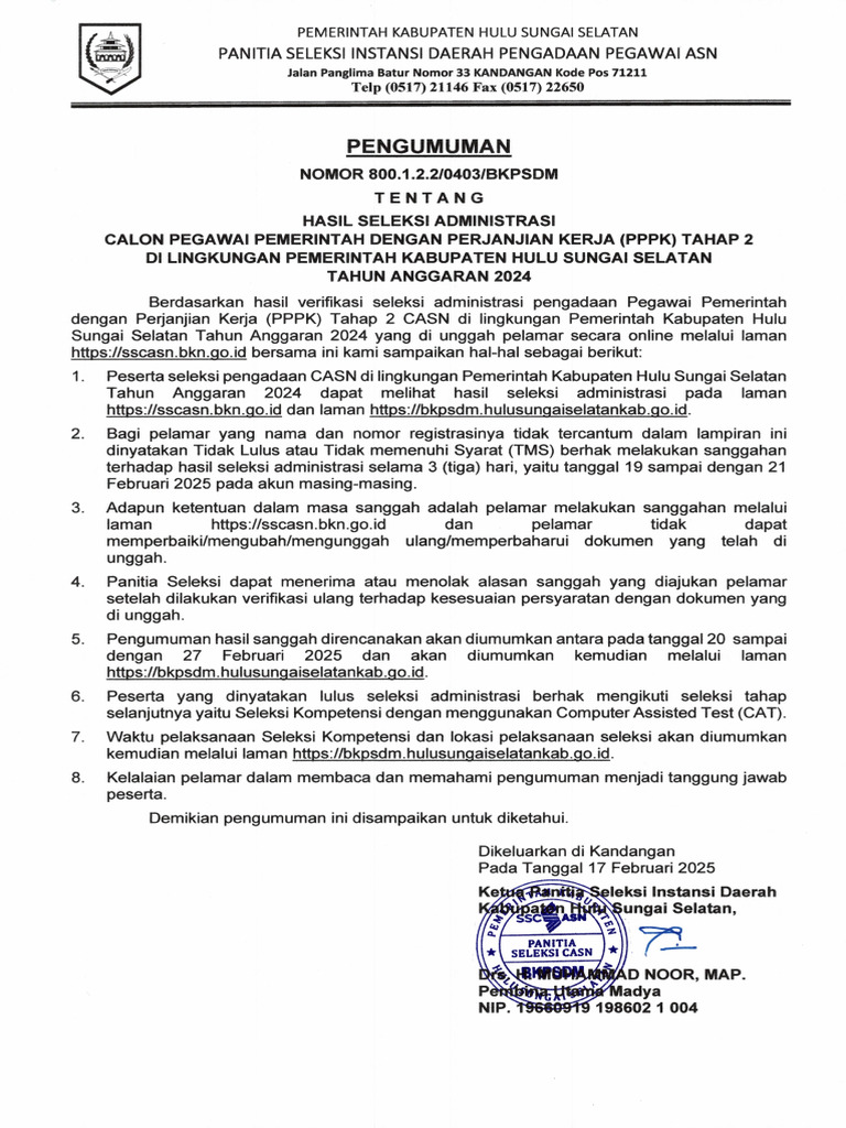 Pengumuman Hasil Seleksi Administrasi Pra Sanggah PPPK Tahap 2 HSS TA 2024 | PDF