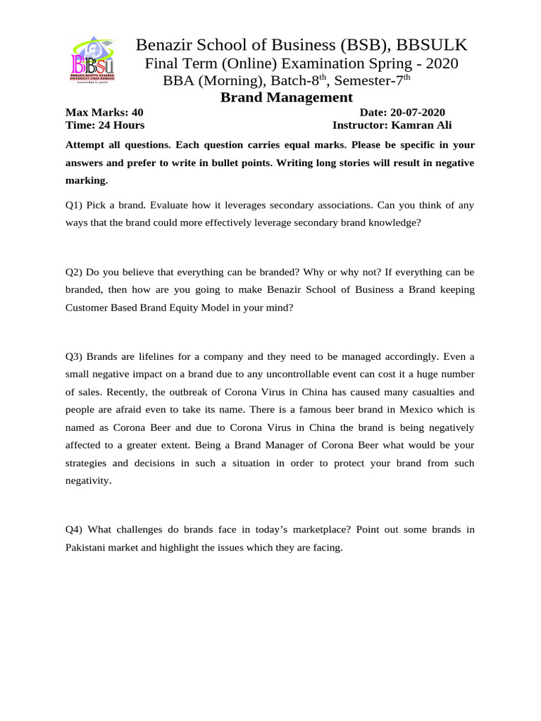 Brand Management Exam Questions 2020 | PDF