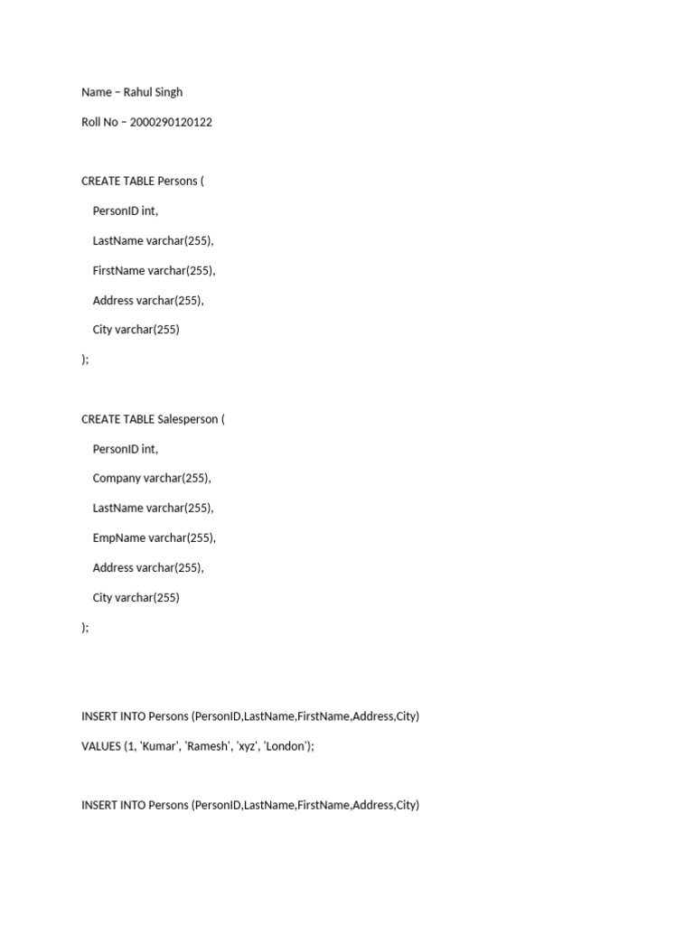 SQL Table Creation and Joins Example | PDF