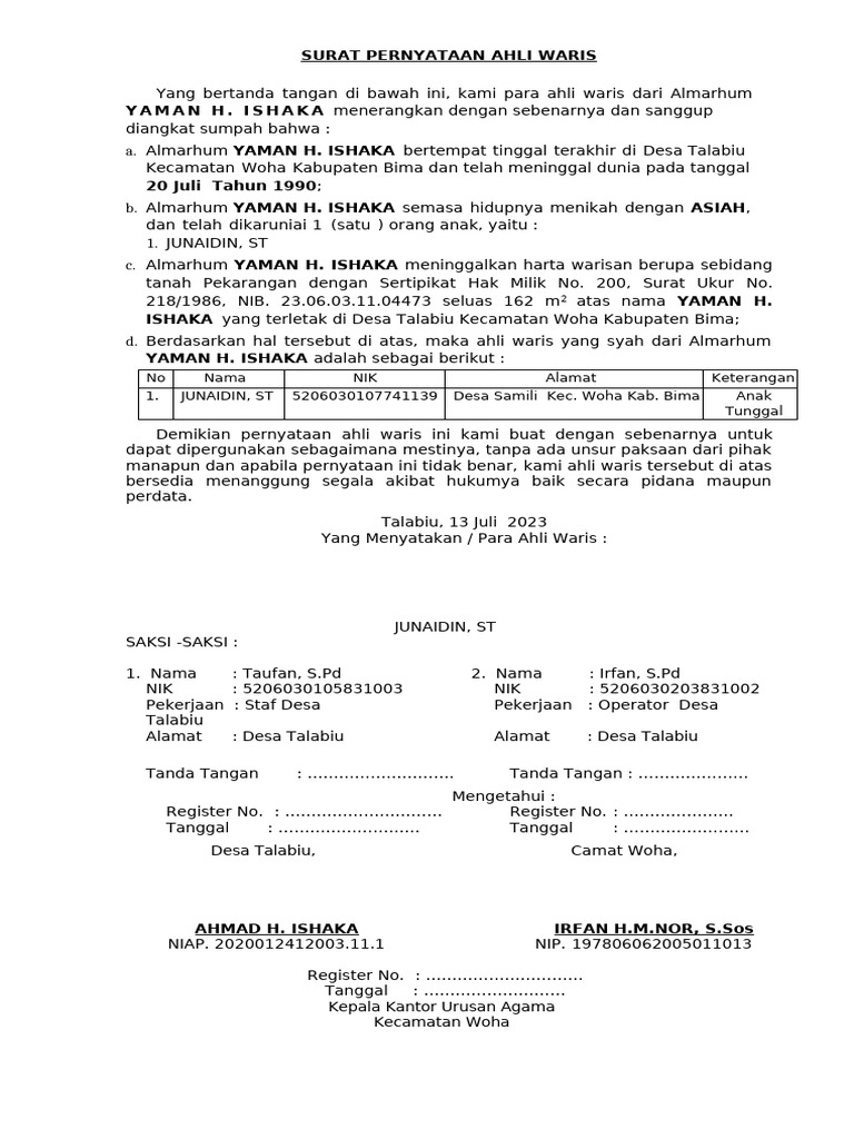 Surat Pernyataan Ahli Waris Junaid ST | PDF
