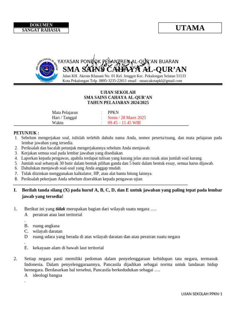 Soal Us PPKN-2024-2025 | PDF