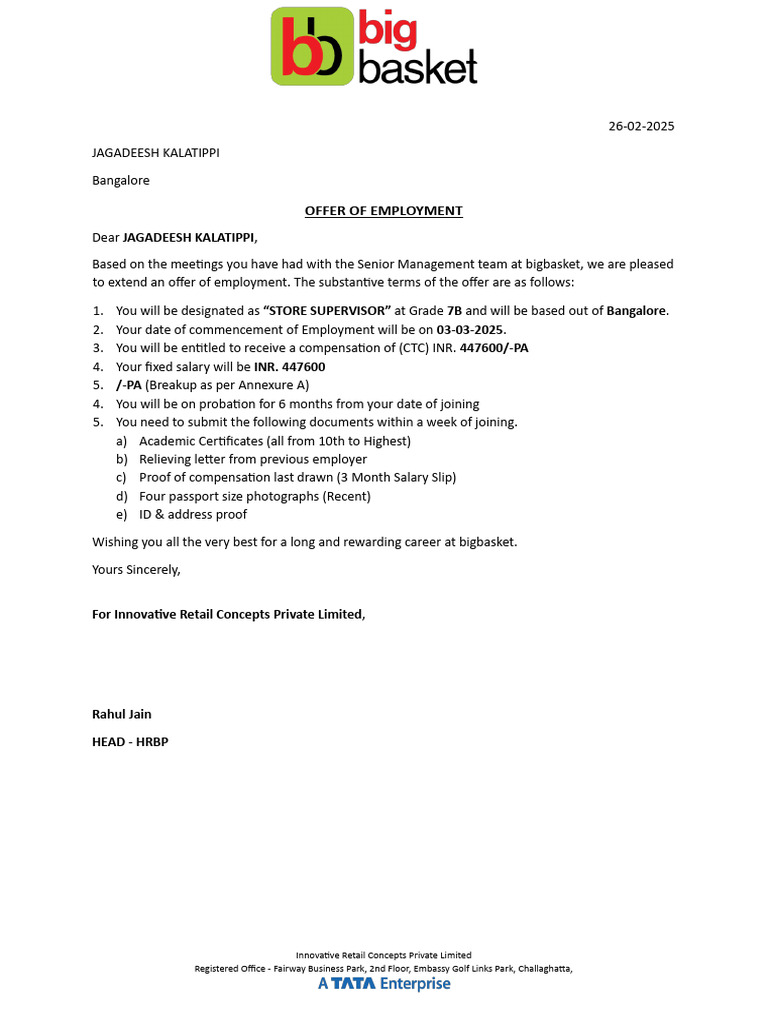 Jagadeesh Kalatippi Offer Letter | PDF | Economies