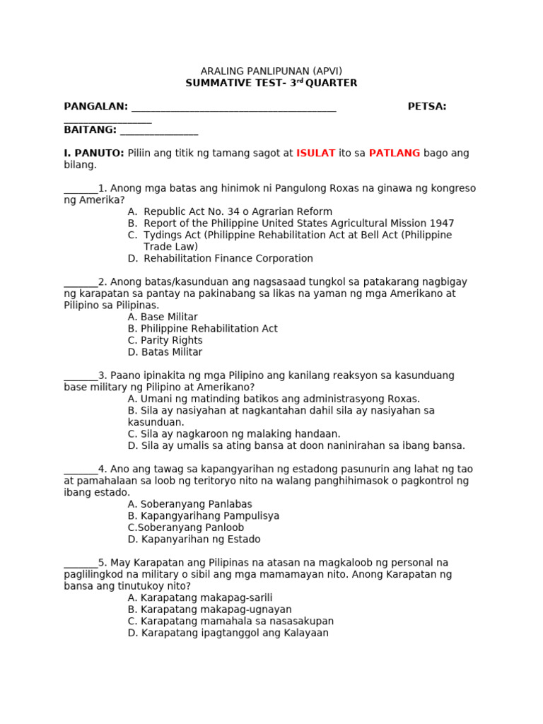 ARALING PANLIPUNAN SUMMATIVE TEST | PDF