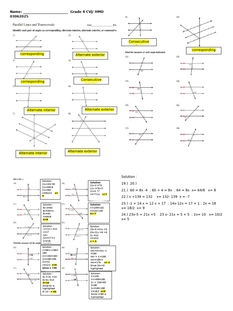Parallel lines and transversal | PDF