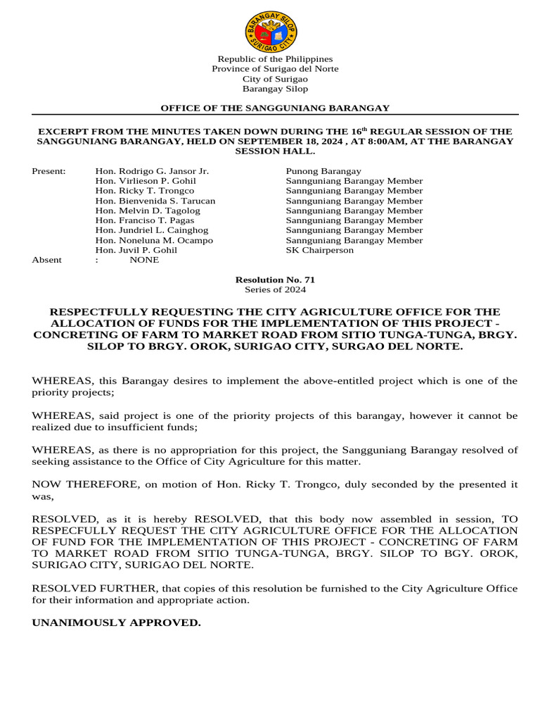 Brgy Resolution Farm To Market Road | PDF