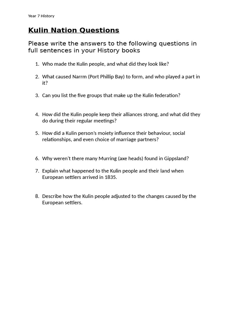 Kulin Nation Questions | PDF