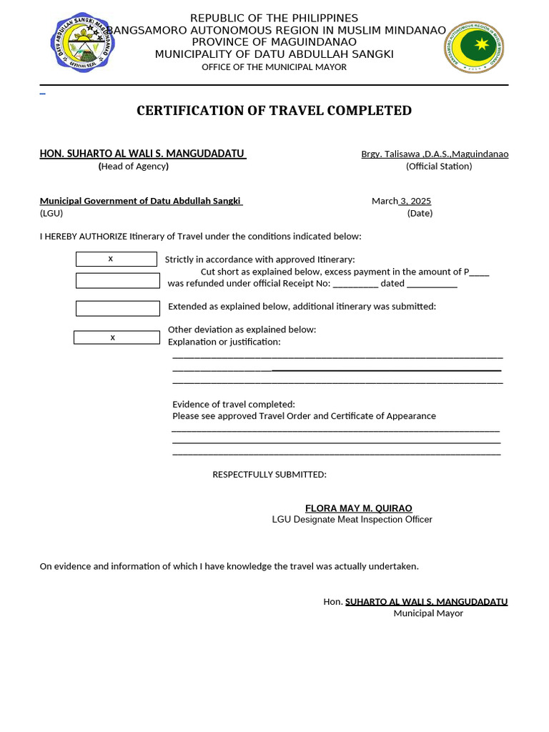 Travel Certification for Suharto Al Wali | PDF