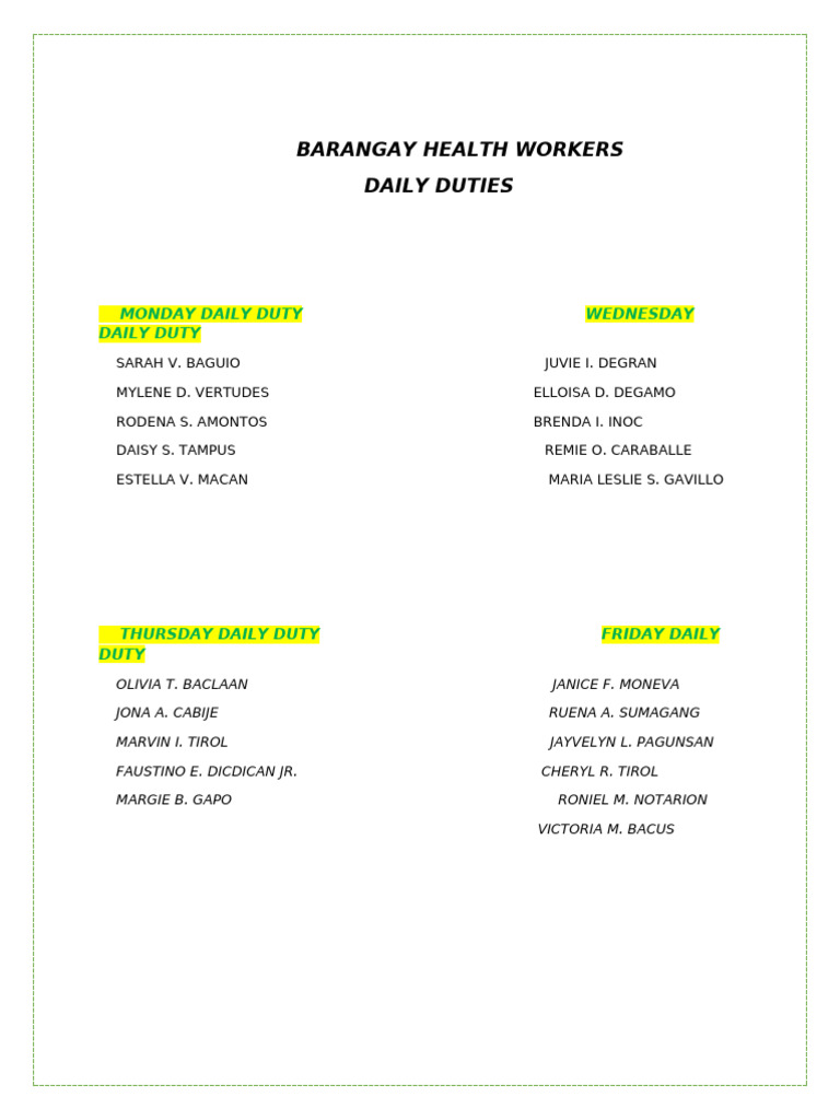 BHW Daily Duties (Old) | PDF
