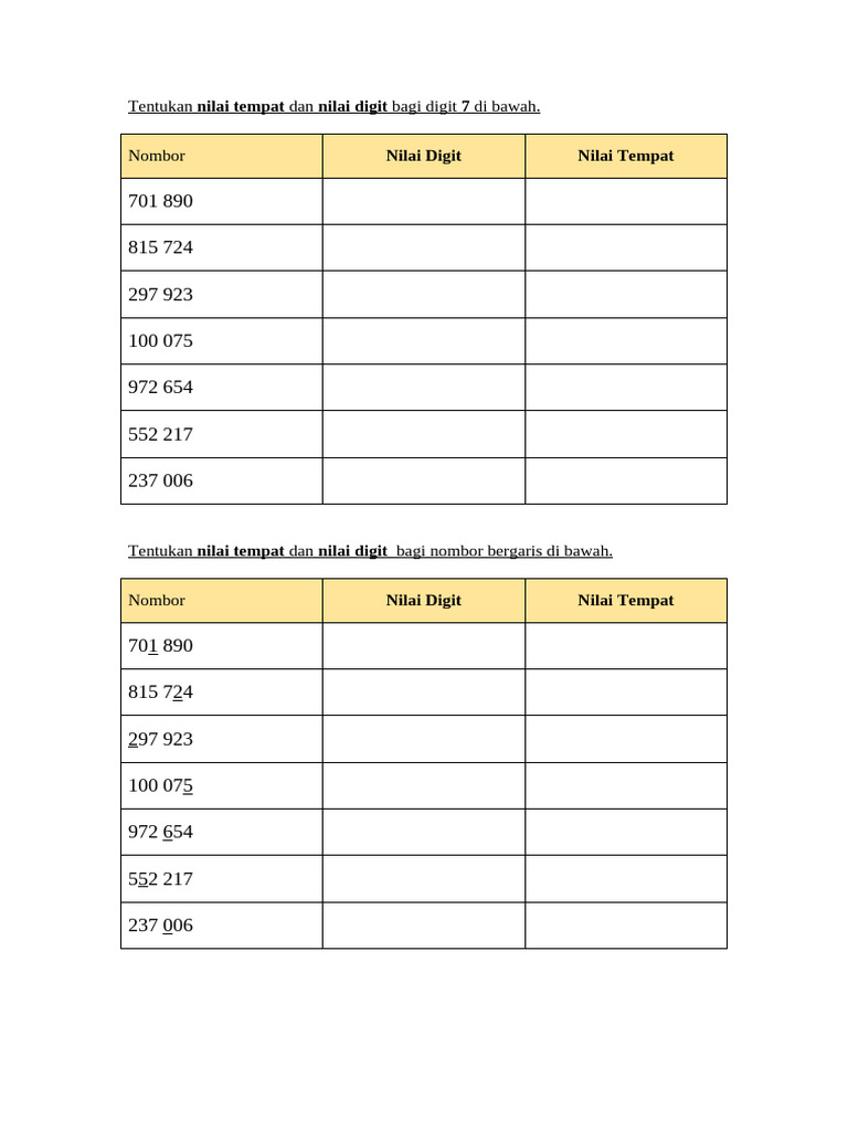 Latihan Tentukan Nilai Tempat Dan Nilai Digit_Tahun 5 | PDF