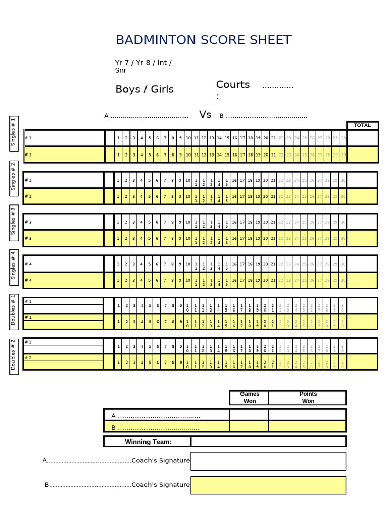Badminton Score Sheet | PDF