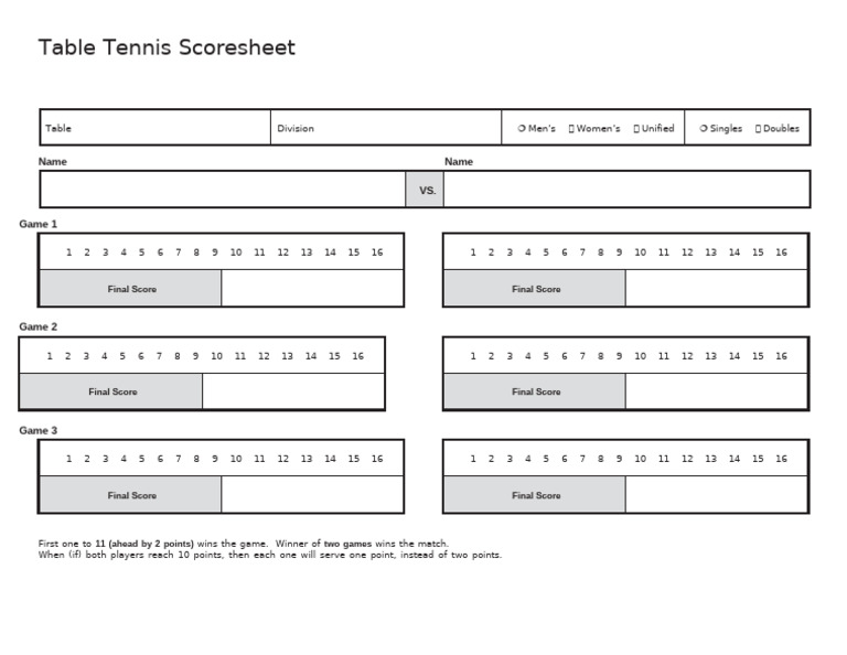 Table Tennis Score Sheet Template | PDF