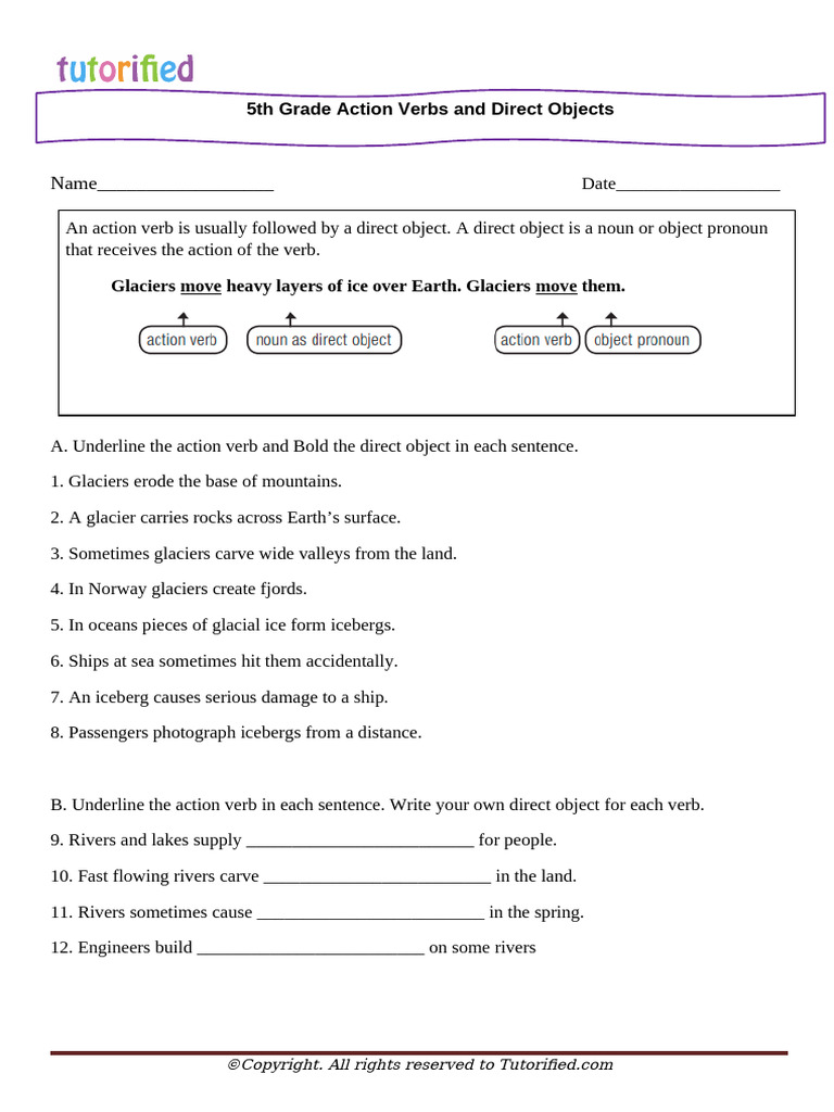 5th Grade Action Verbs and Direct Objects | PDF | Glacier | River