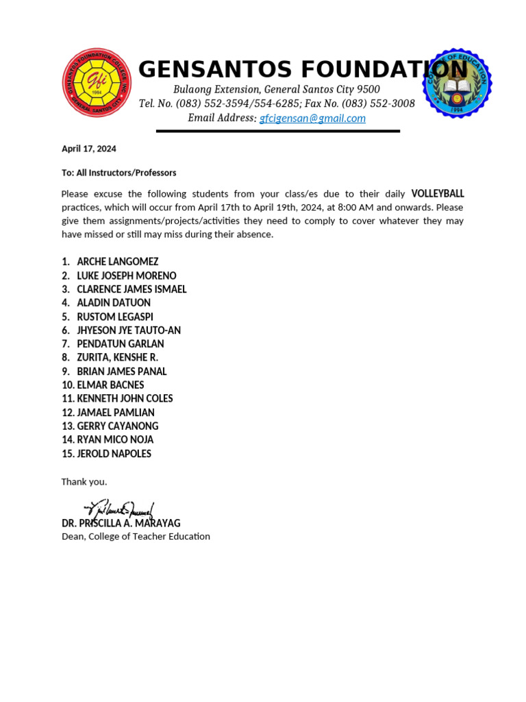 Volleyball Practice Absence Notice | PDF