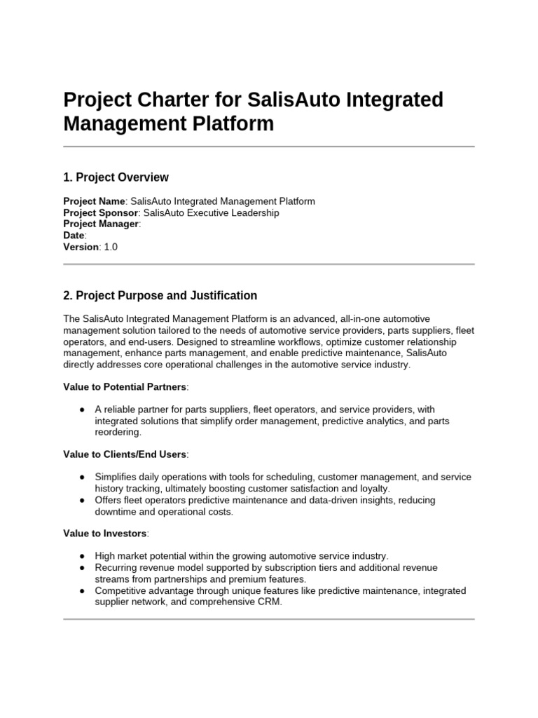 1-Project Charter For SalisAuto Integrated Management Platform | PDF | Customer Relationship ...