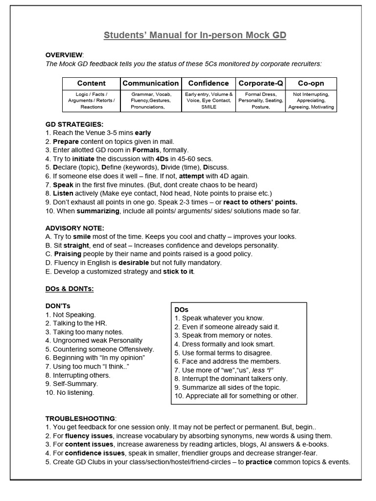 In-person Mock GD Student Guide | PDF | Learning | Communication