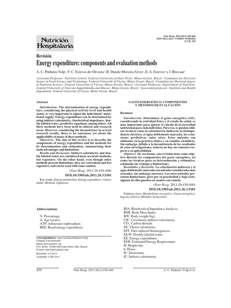 Energy Expenditure - Components and Evaluation Methods | PDF