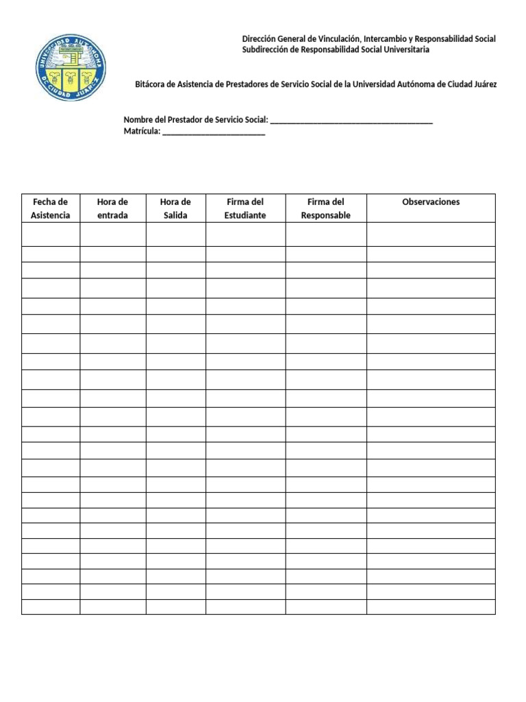 Bitácora de Servicio Social UACJ | PDF
