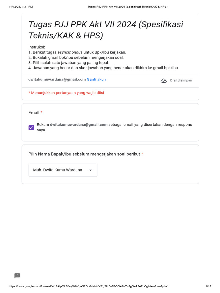 Tugas PJJ PPK Akt VII 2024 (Spesifikasi Teknis - KAK & HPS) - Diedit | PDF