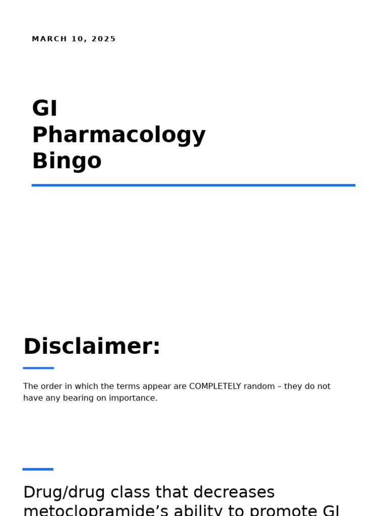 GI Pharmacology Bingo Overview | PDF | Gastrointestinal Tract ...