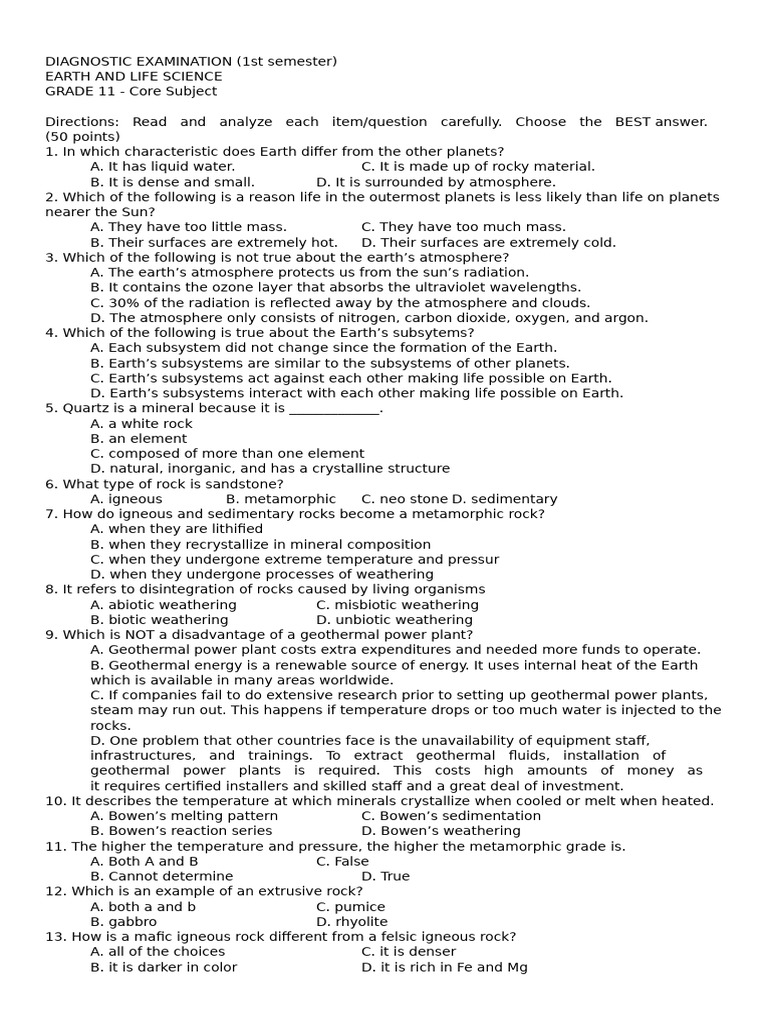 Diagnostic Examination - Els | PDF | Rock (Geology) | Atmosphere