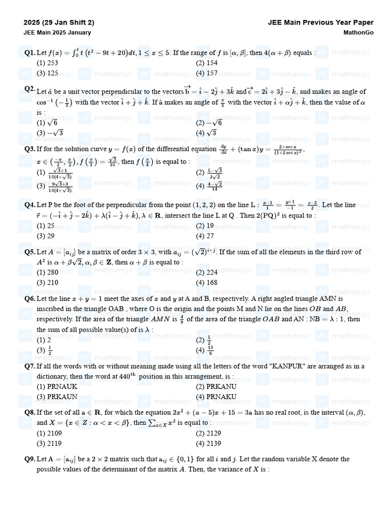 JEE Main 2025 (29 Jan Shift 2) Previous Year Paper With Answer Keys - MathonGo-1 | PDF ...