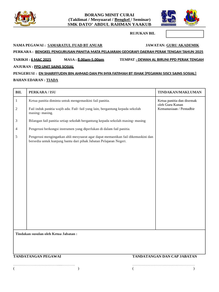 Borang Minit Curai 1-2025 | PDF