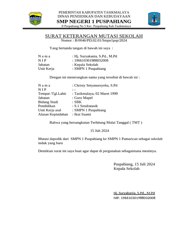 Surat Keterangan Mutasi Sekolah | PDF