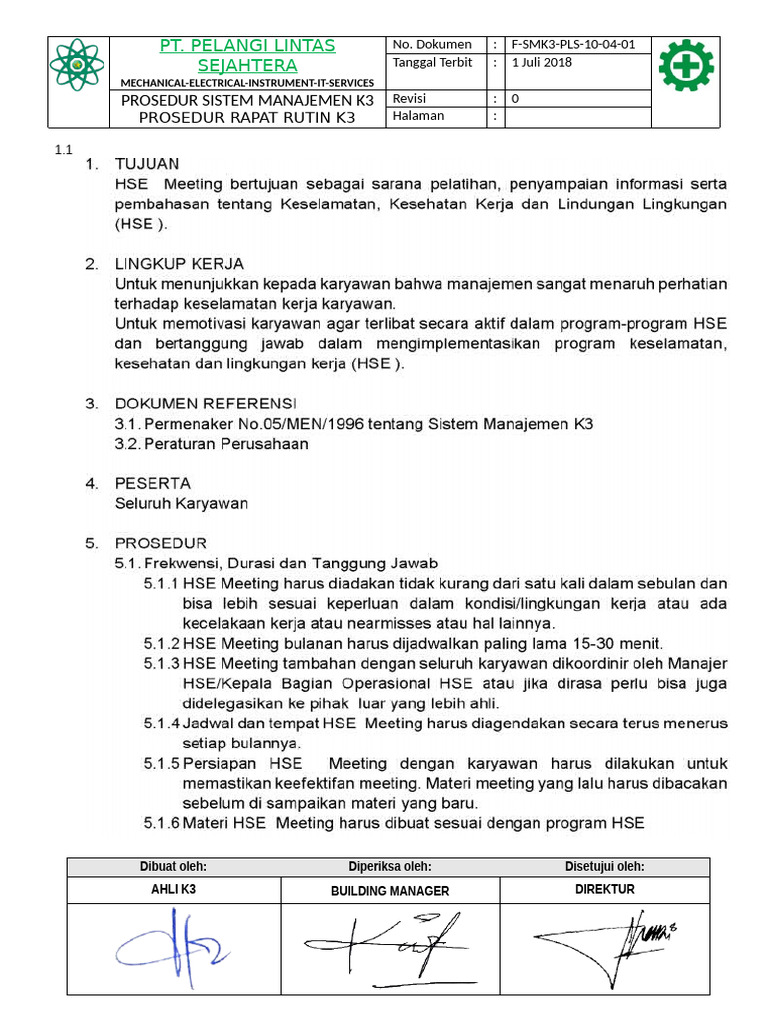 SOP Prosedur Rapat Rutin K3 Kop Pls | PDF