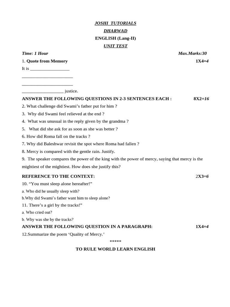 Class 10 English Unit Test: Quality of Mercy | PDF