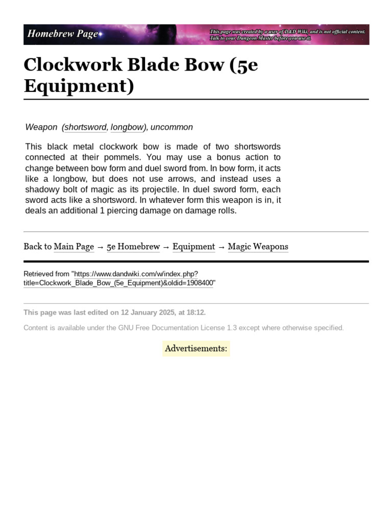 Clockwork Blade Bow (5e Equipment) - D&D Wiki | PDF