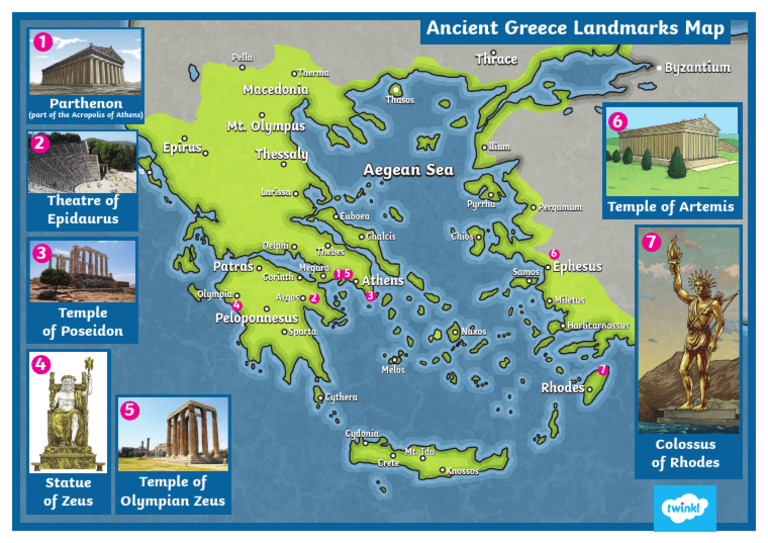 Ancient Greece Landmarks Map (A4) | PDF | Twelve Olympians | Greek Deities