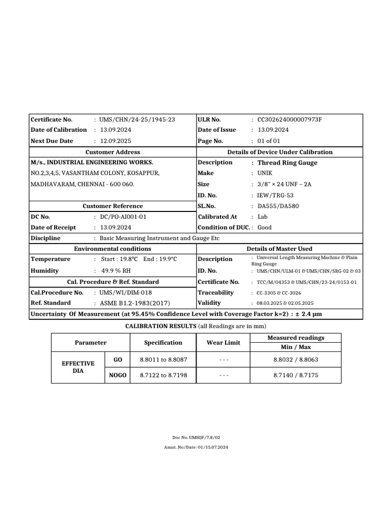 Thread Ring Gauge_TRG 0.375_IEW-TRG-53_240913-250912 | PDF | Calibration | Physical Quantities