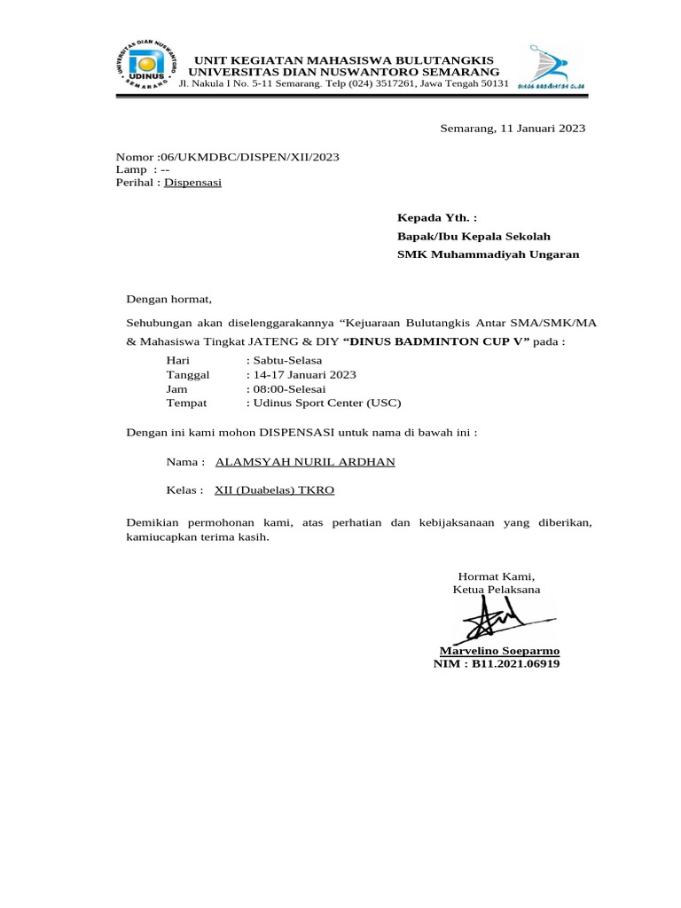 Surat Dispen Udinus | PDF