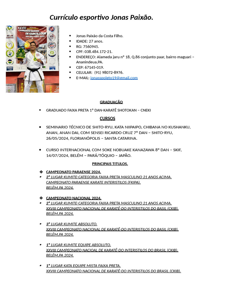 CURRICULO ESPORTIVO JONAS PAIXÃO. | PDF