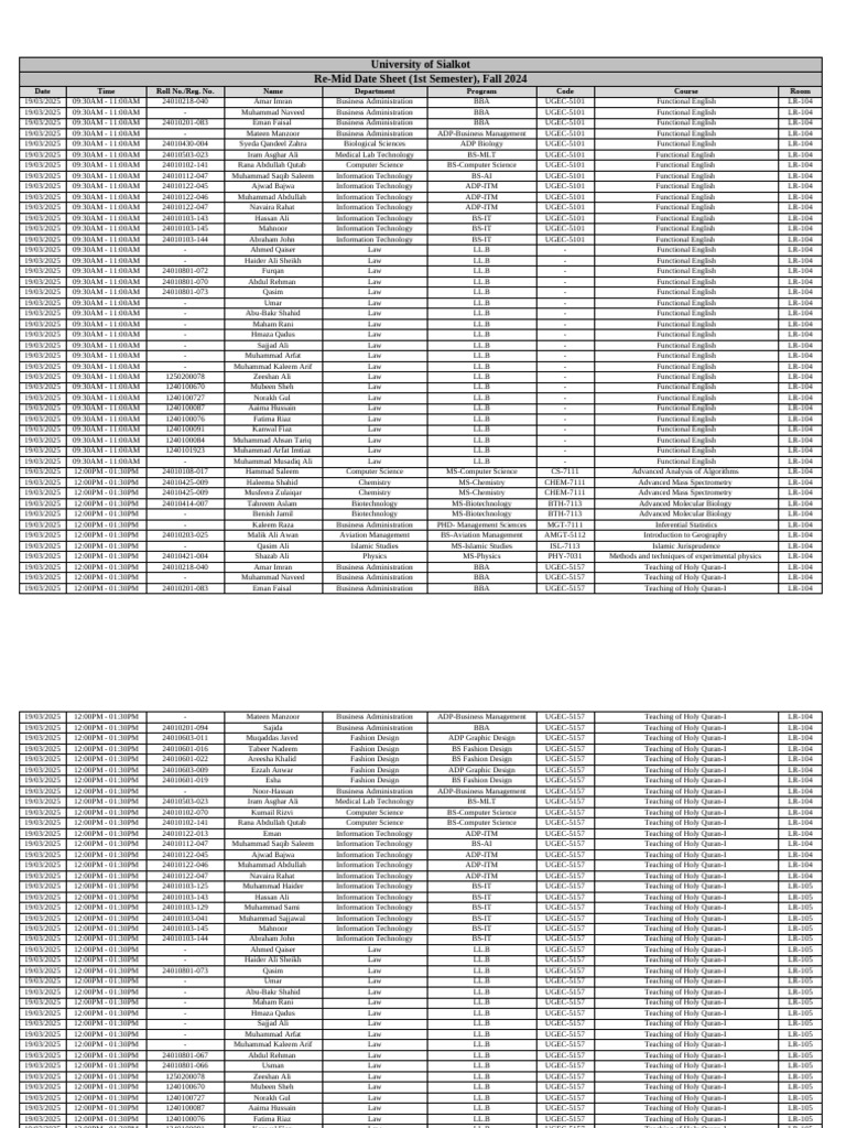 Re-Mid Date Sheet (1st Semester), Fall 2024 | PDF