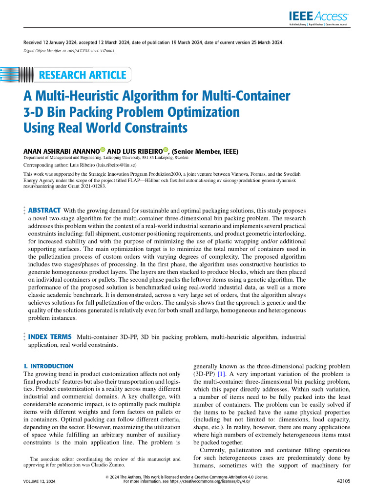 A Multi Heuristic Algorithm For Multi Container 3 D Bin Packing Problem Optimization Using Real