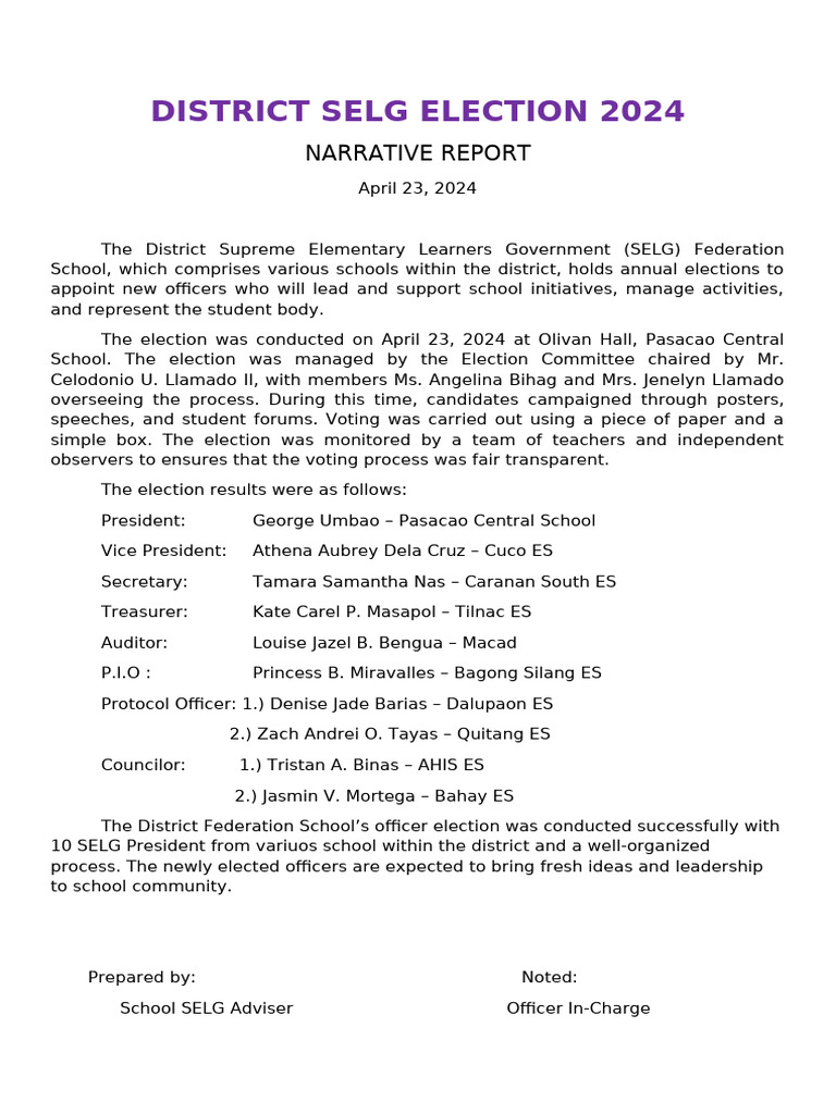 NARRATIVE REPORT DISTRICT SELG ELECTION 0.1 | PDF