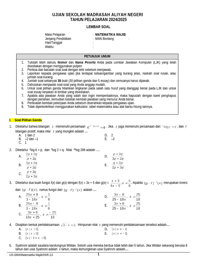 Soal Us Matematika Wajib KLS 12 Man BTG | PDF