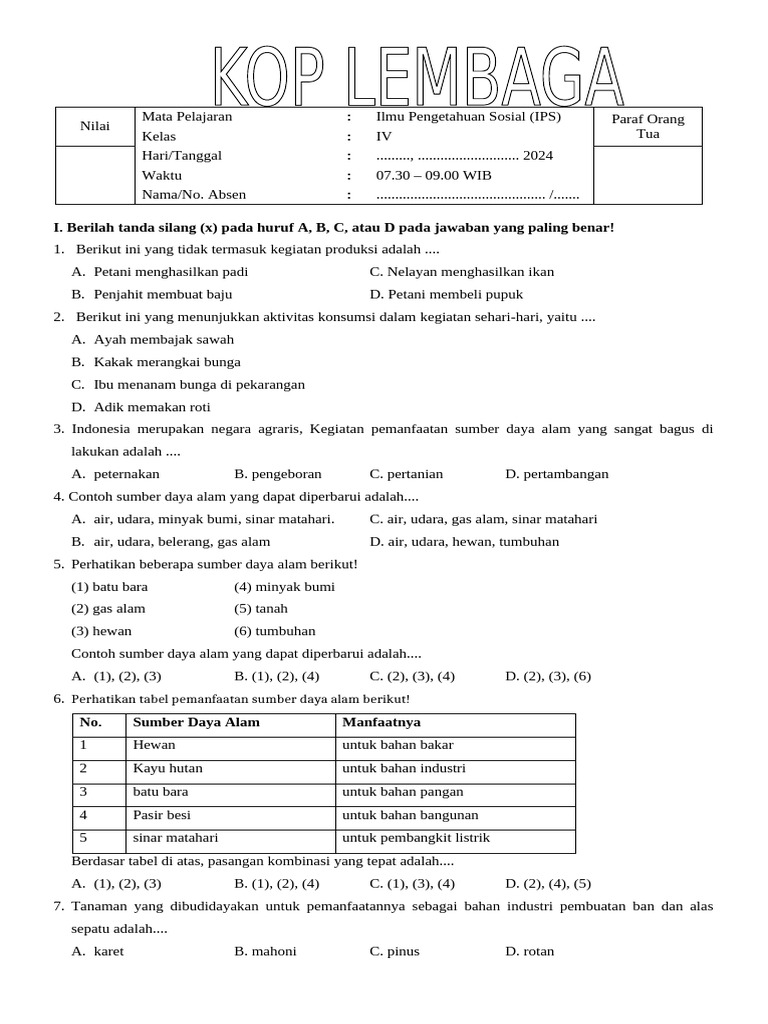 SOAL PAT IPS KELAS 4 MI 2024_Anwari | PDF