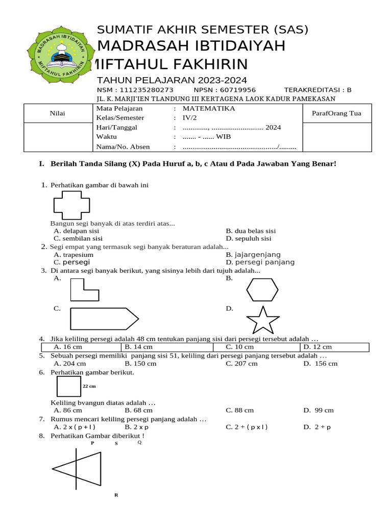 SOAL PAT MATEMATIKA kelas 4 Smtr 2 2024 | PDF