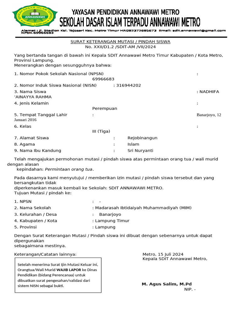 Surat Keterangan Mutasi | PDF